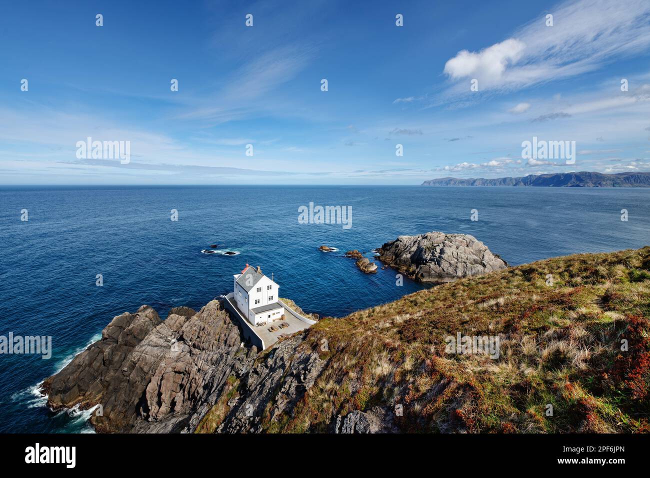 Wide view over the sea from a vantage point above the rocky coast of ...