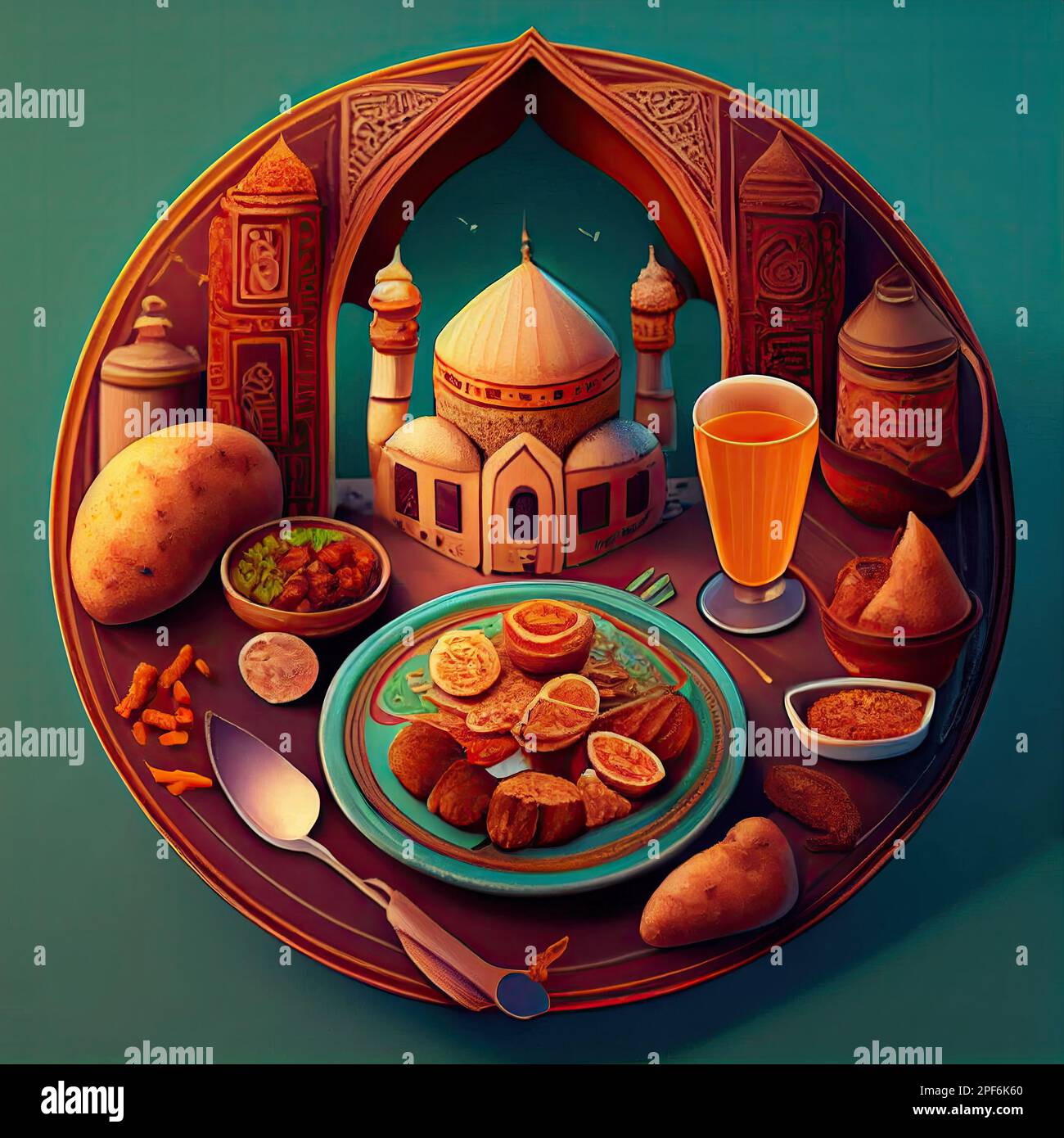 food on a plate with an arabic mosque in the background and a glass of ...