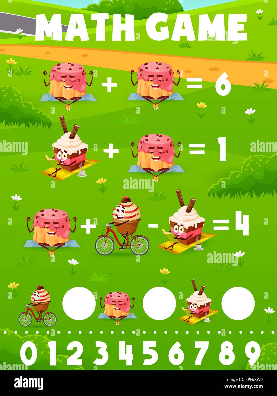 Cartoon dessert, cake and pancake characters math game worksheet ...