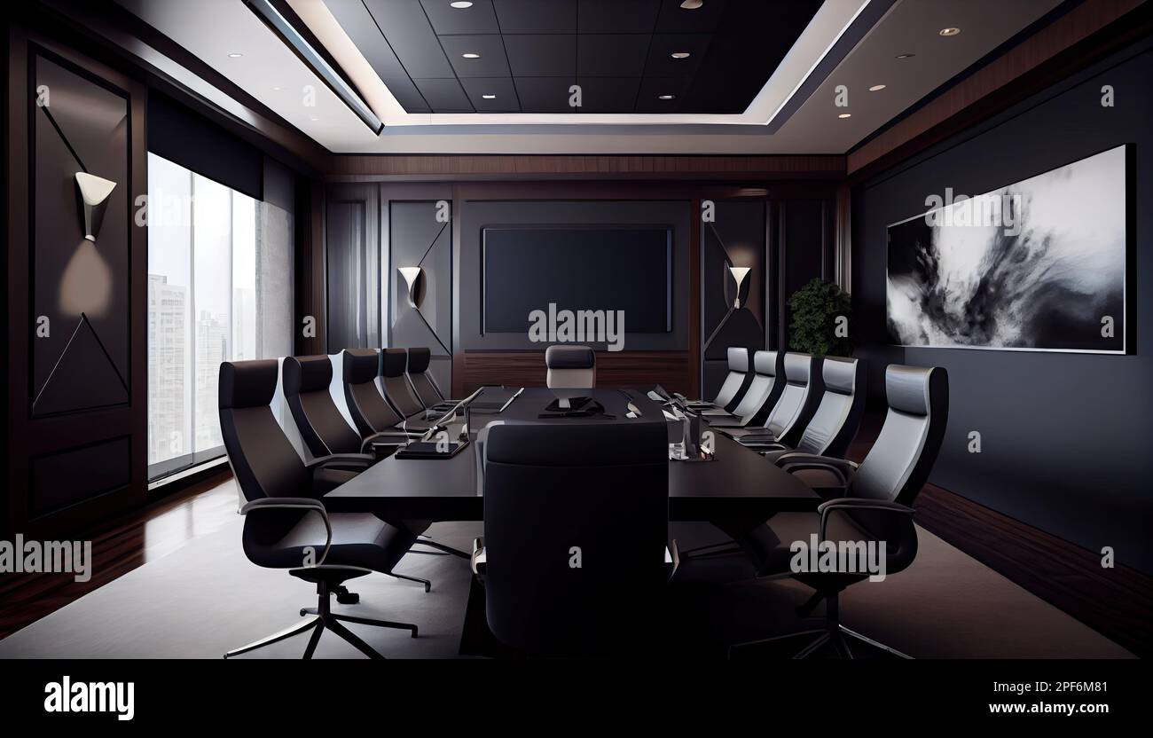 a conference room with black walls and white chairs in front of a large ...