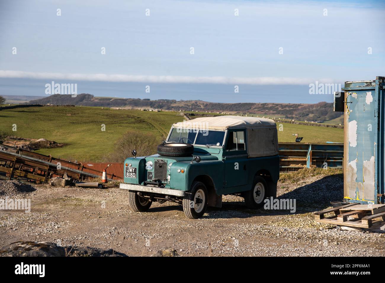 Land Rover series Two parked by a quarry in the Derbyshire Peak ...