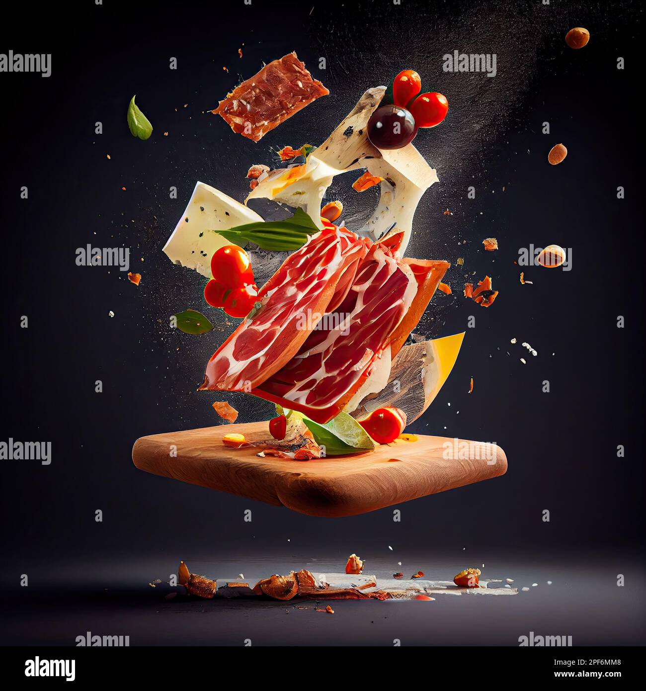 food flying out of a person's hand on a black background with space to ...
