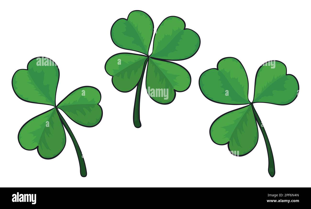Set of three-leaf and four-leaf clovers. Shamrocks in cartoon style and ...