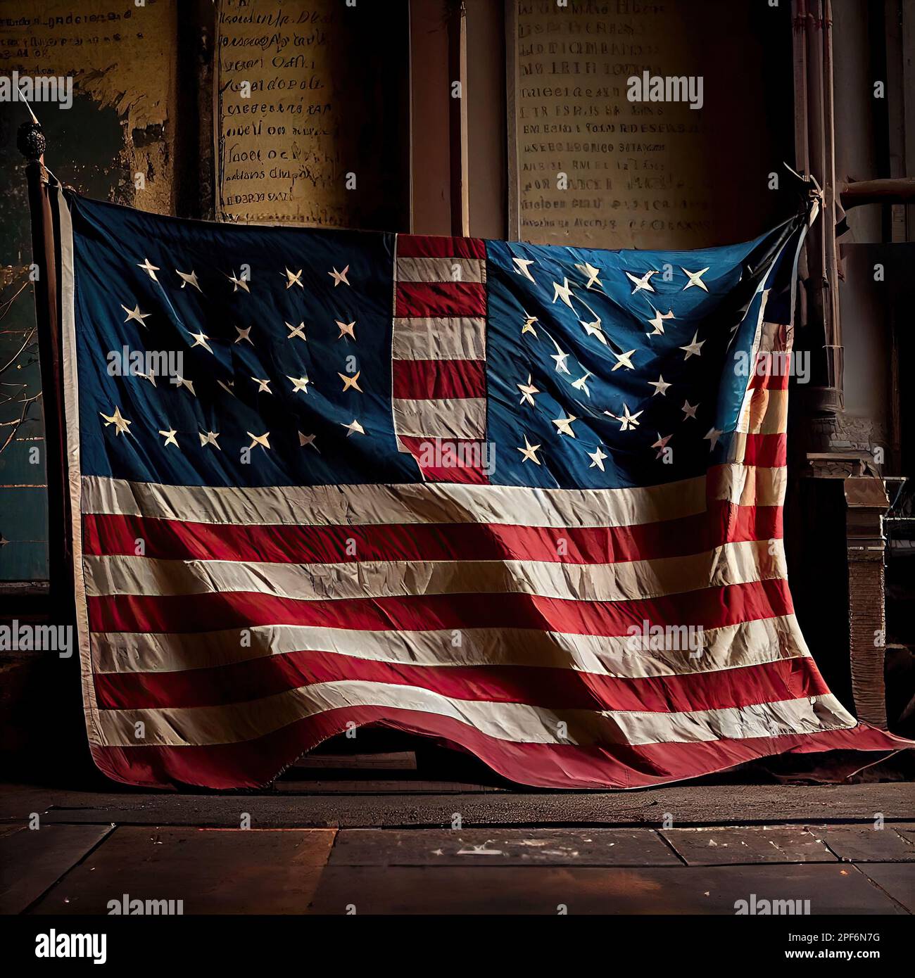 an american flag hanging on the side of a building that has been ...