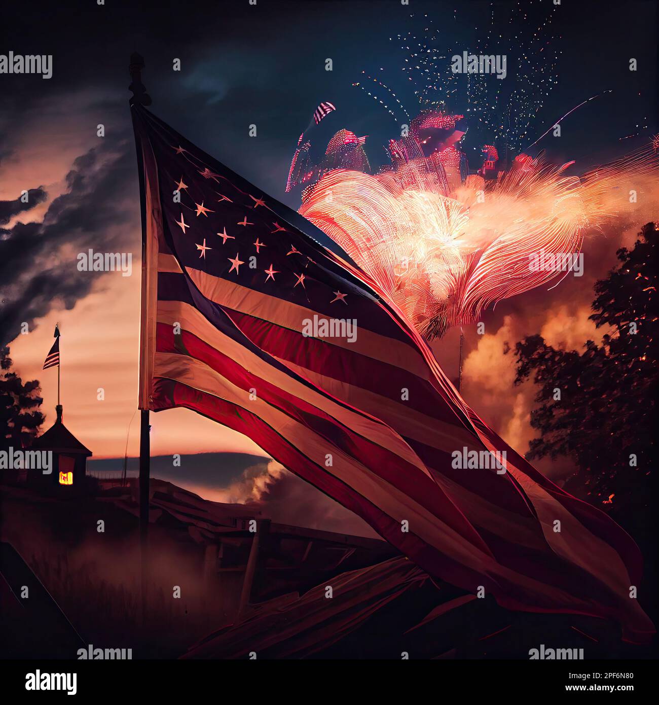 an american flag blowing in the wind with fireworks and smoke coming ...