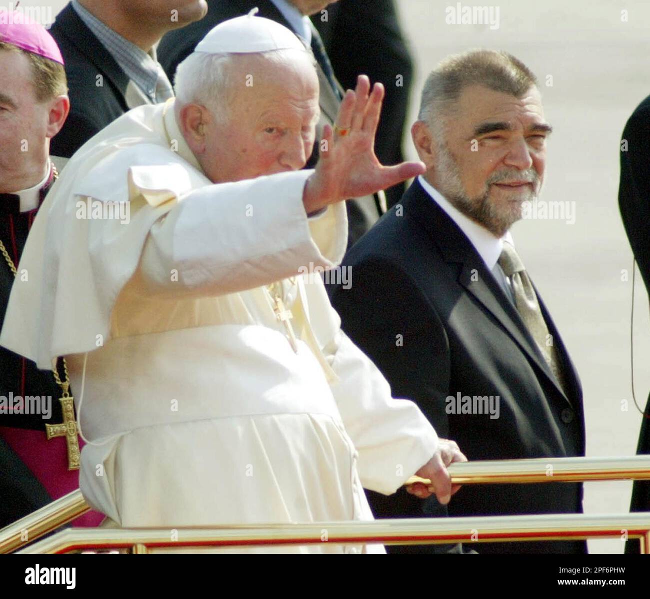 Pope John Paul II waves as he arrives at the airport of Rijeka, Croatia ...