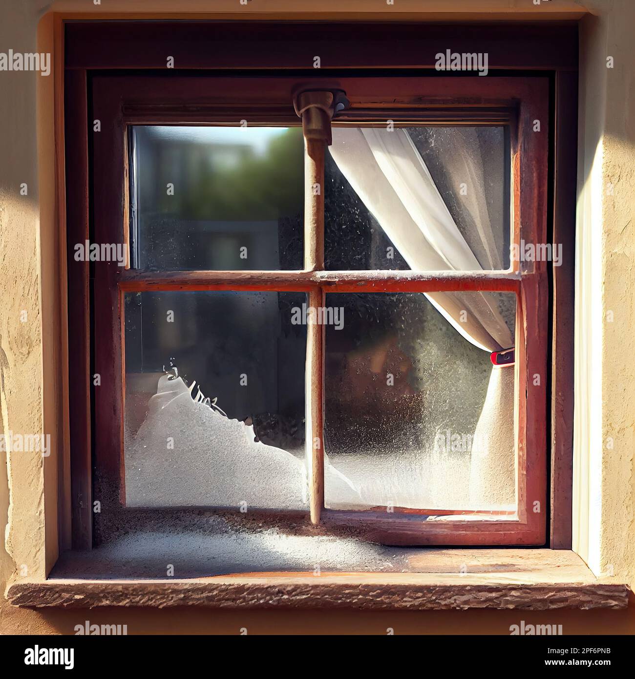 a broken window with the sun shining through it and an open curtain ...