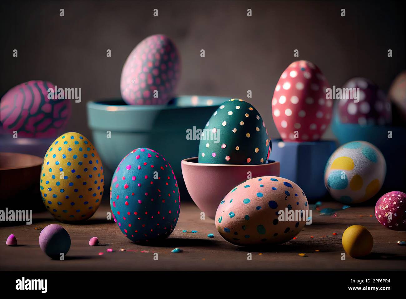 colorfully painted easter eggs on a table with one egg in the middle ...