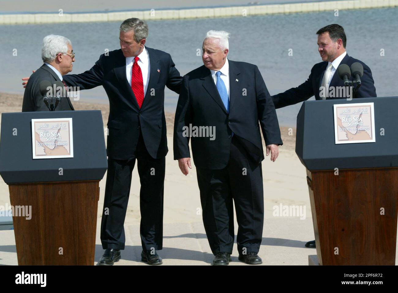 Palestinian Prime Minister Mahmoud Abbas, President Bush, Israeli Prime ...