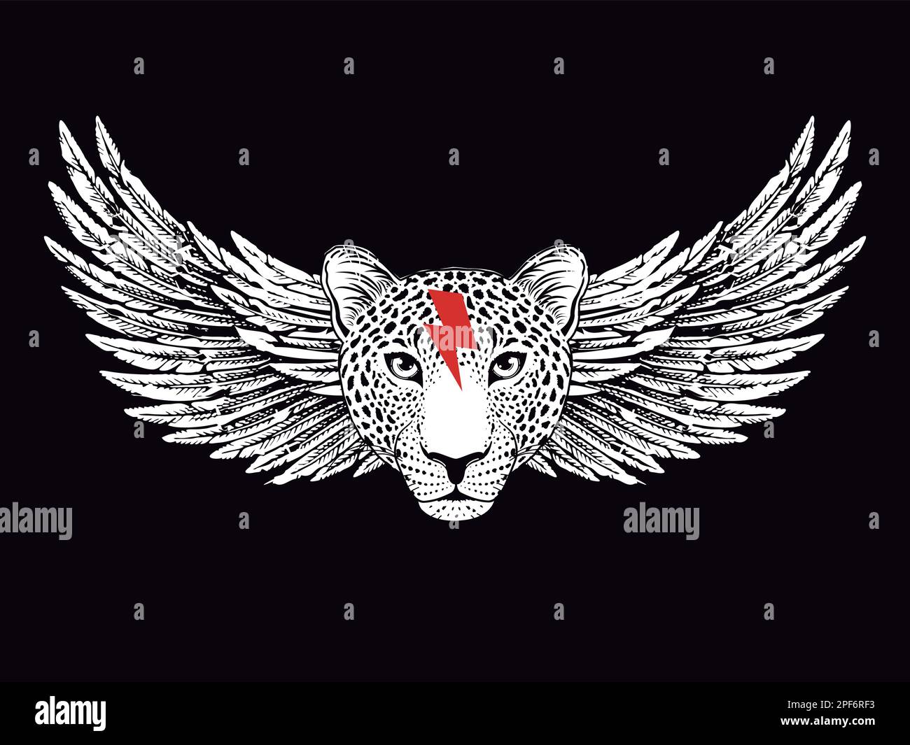 Leopard face with wings design for t-shirt isolated on black. Red ...