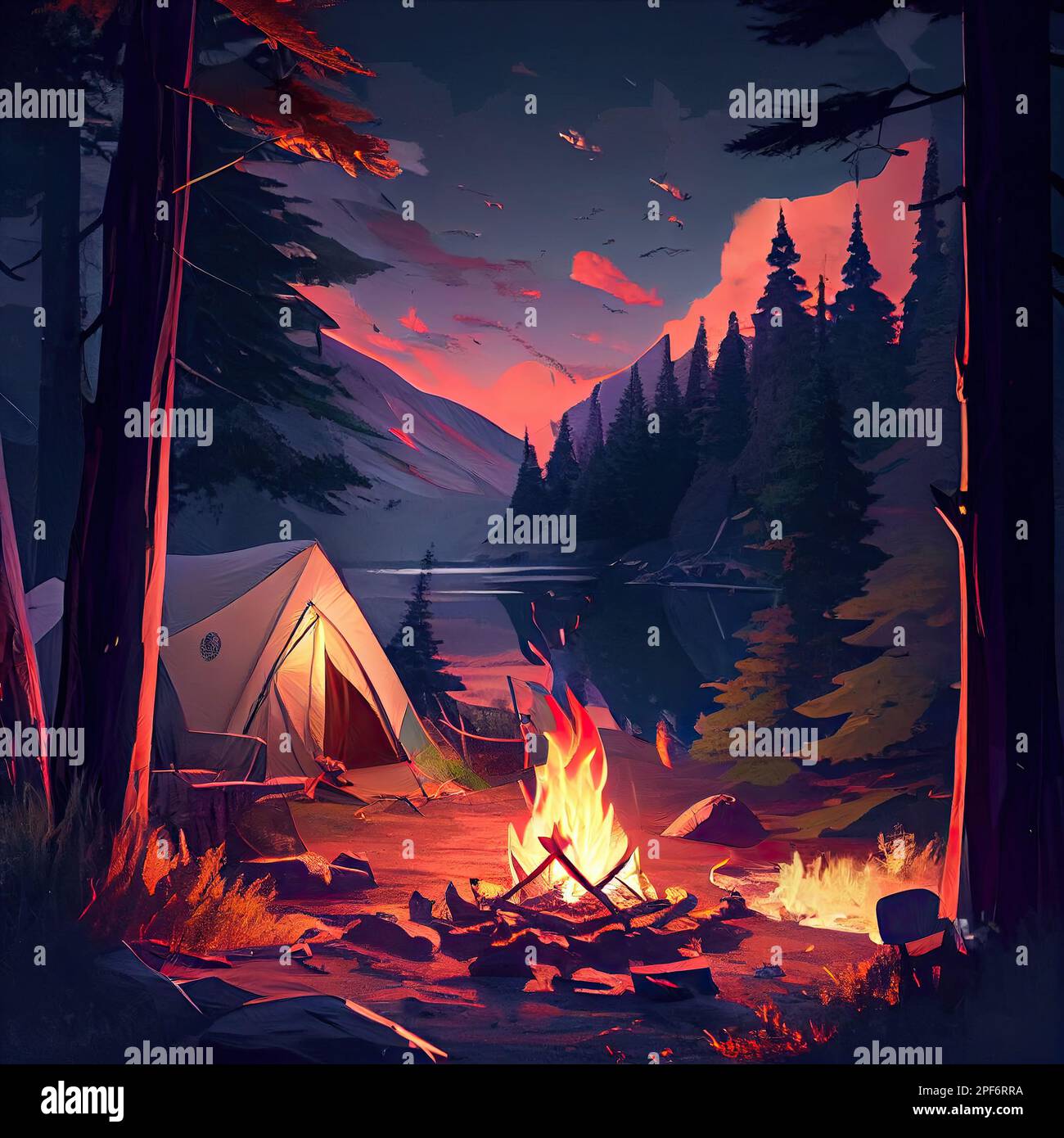a campfire in the woods, with trees and mountains in the foregrounds ...