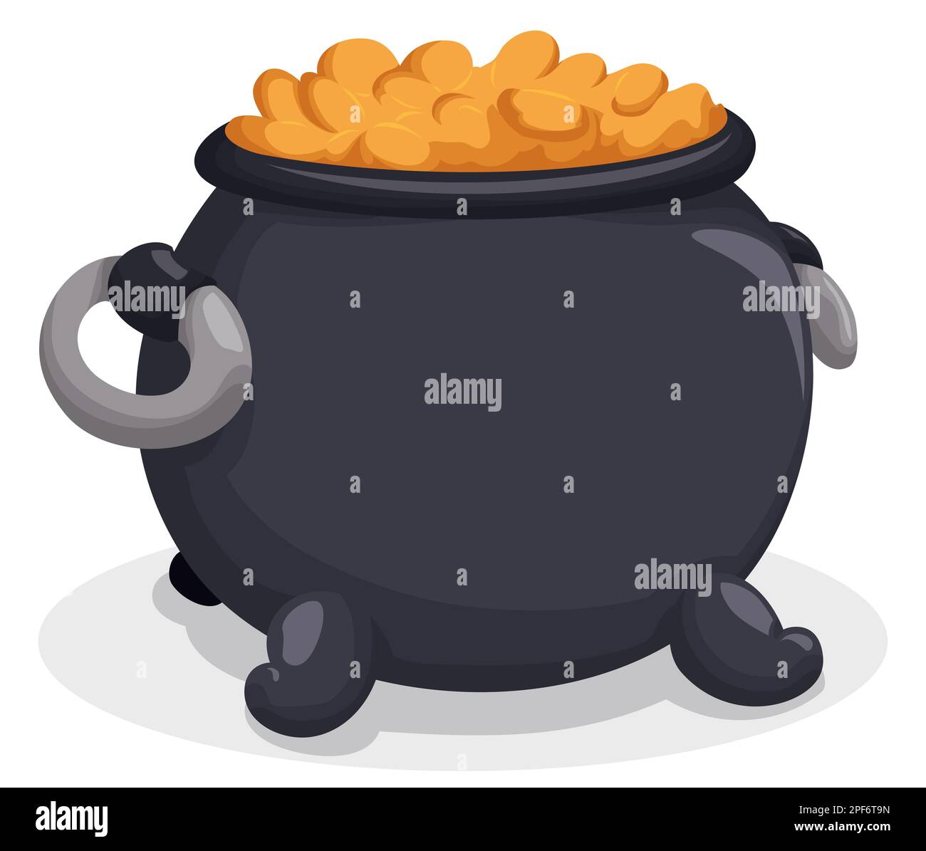 Black cauldron with gold coins in cartoon style over white background ...