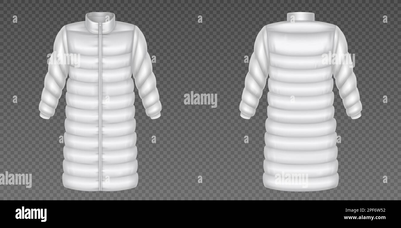 Realistic set of white puffer coat mockups with long sleeve isolated on ...