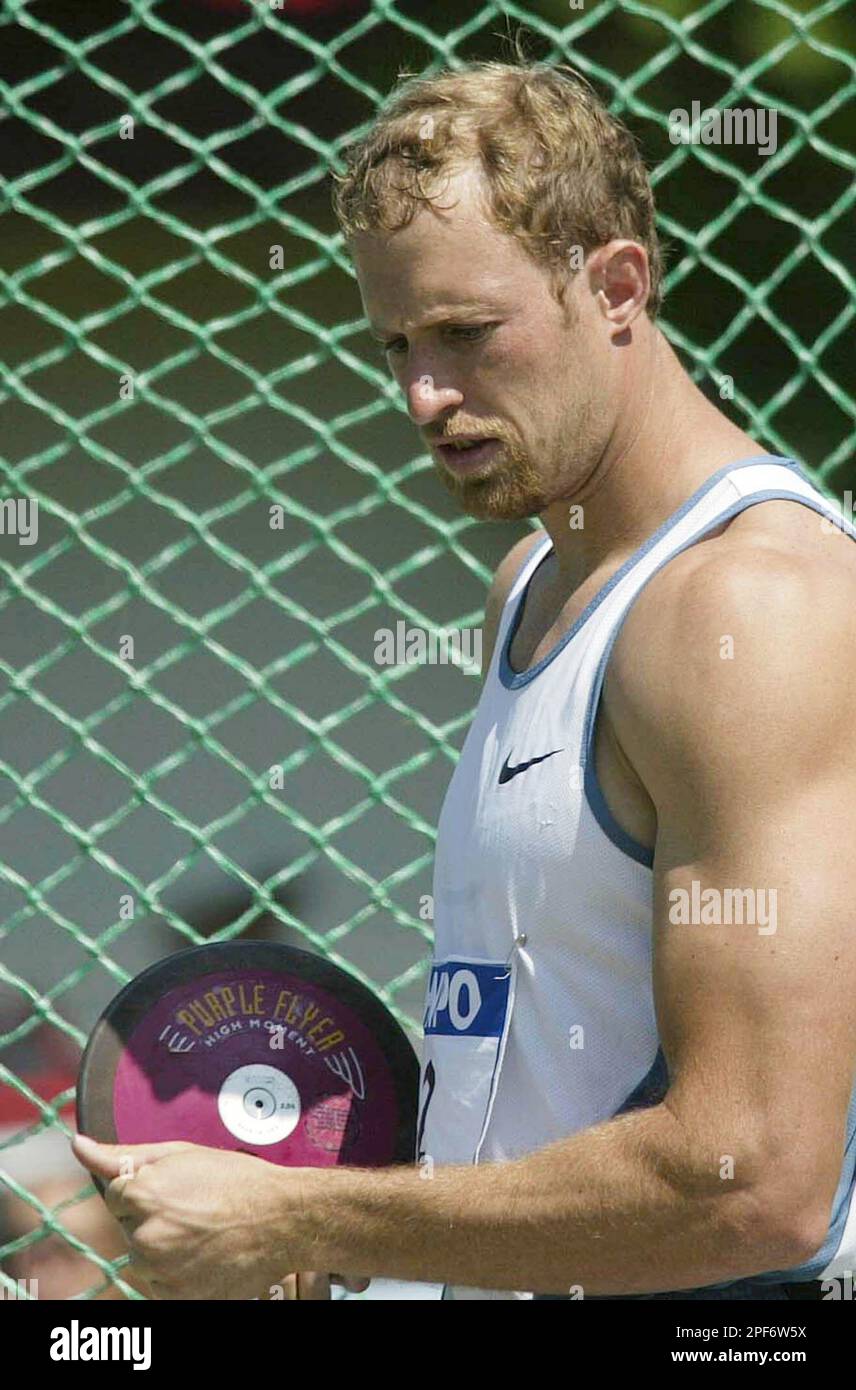 Tom Pappas from The United States concentrates during the discus event ...