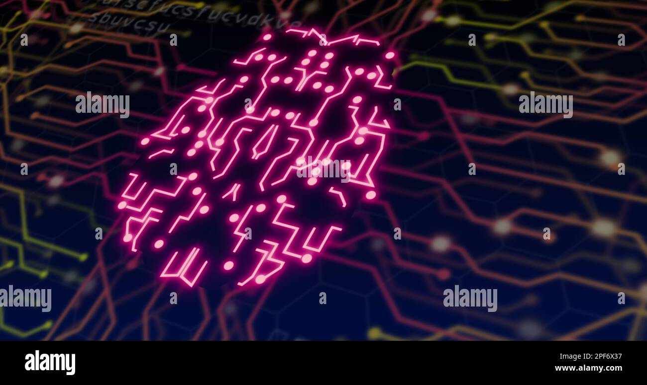 Image of neon network of connections and brain with data processing on black background Stock ...