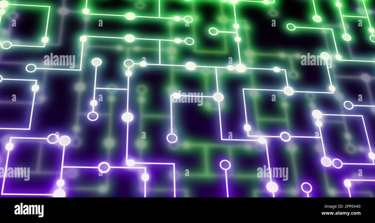 Image of neon network of connections and shapes on black background ...