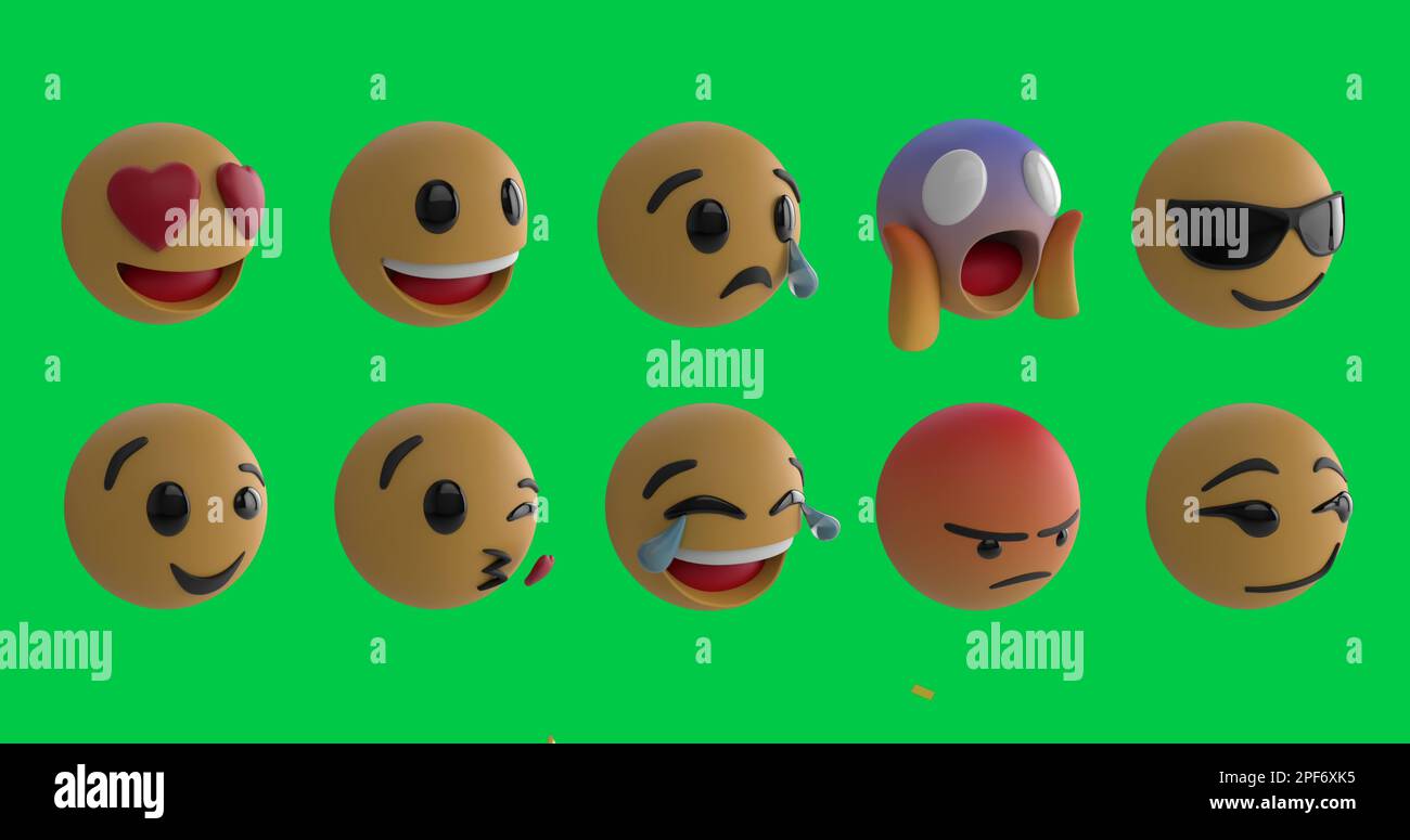 Composition of two rows of emoji icons on green screen background Stock ...