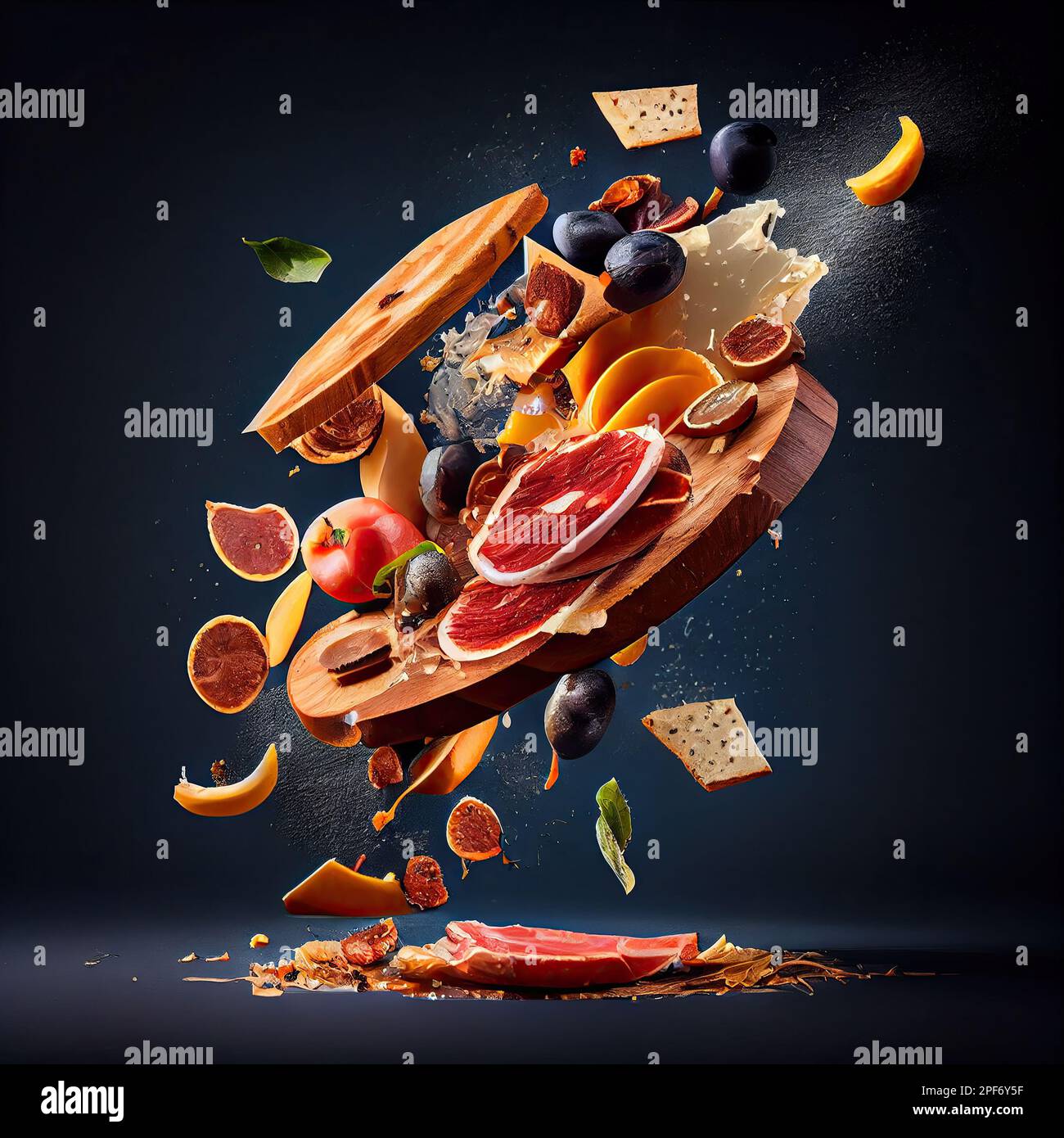 food flying in the air with some fruits and cheese on it's sides, as if ...