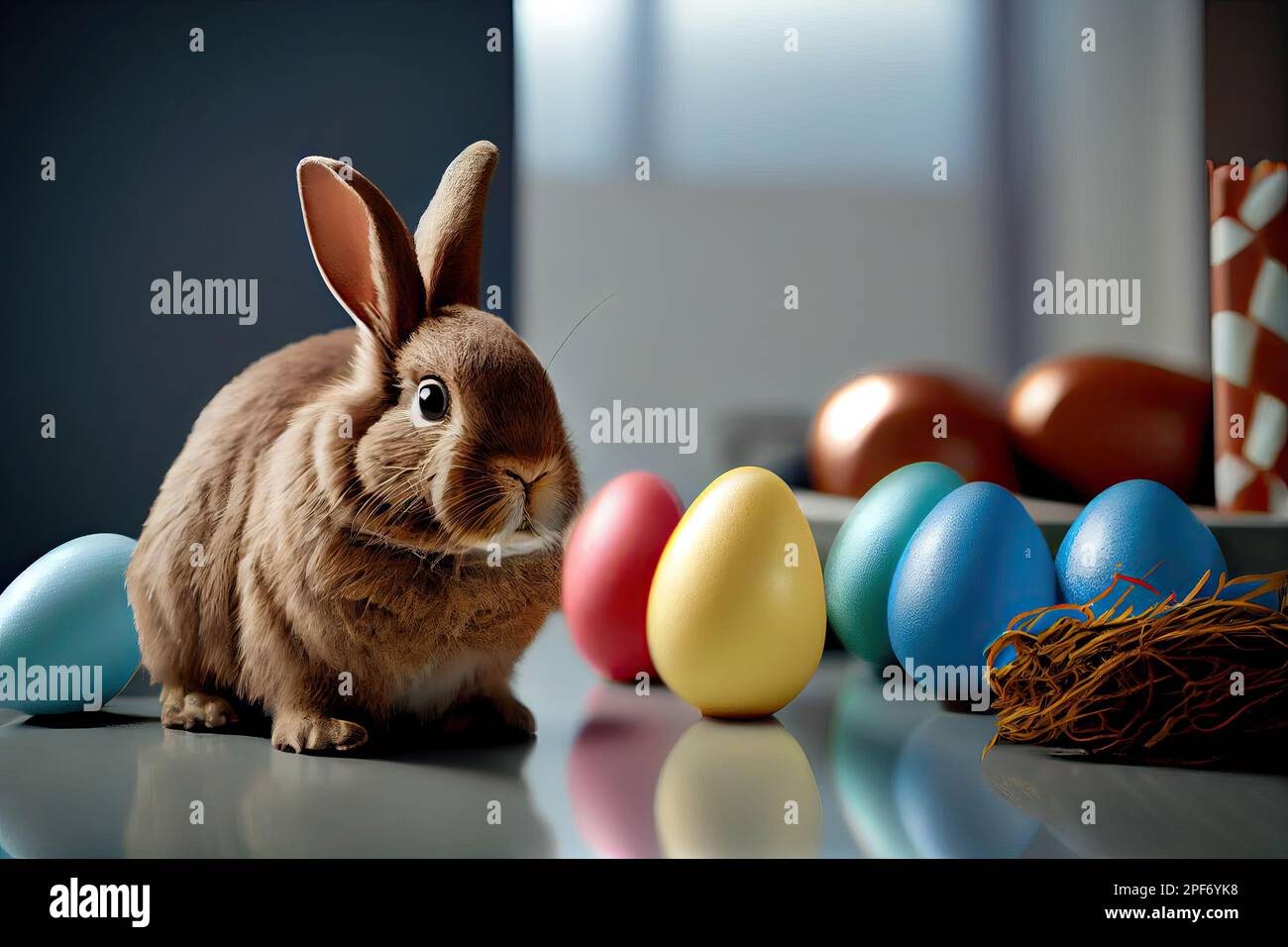 an easter bunny and some colorful eggs on a white table with a window ...