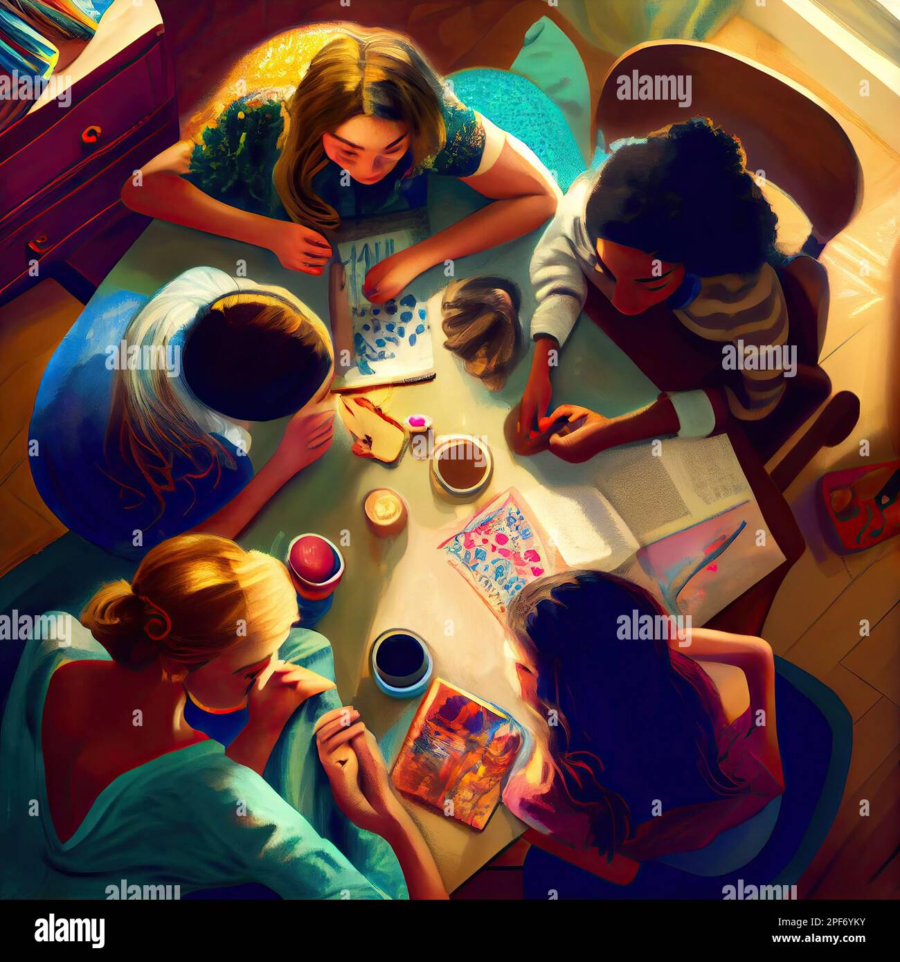 three girls sitting at a table with books and cups in front of them ...