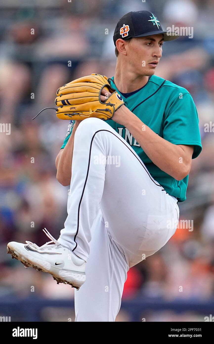 Seattle Mariners starting pitcher George Kirby winds up to deliver ...