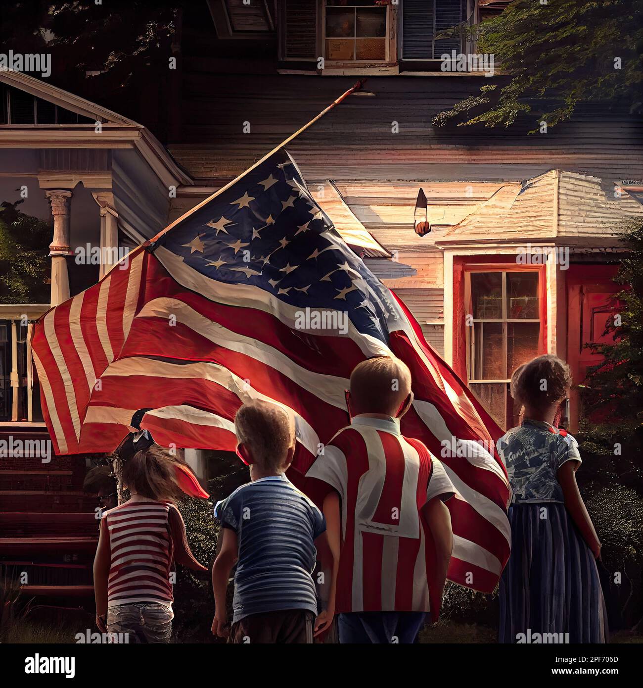 three children holding an american flag in front of a house with the ...