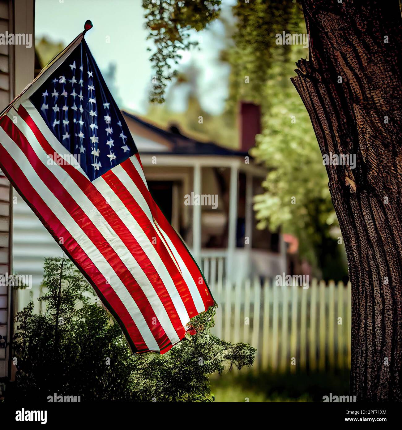 an american flag hanging on a tree in front of a house with a white ...