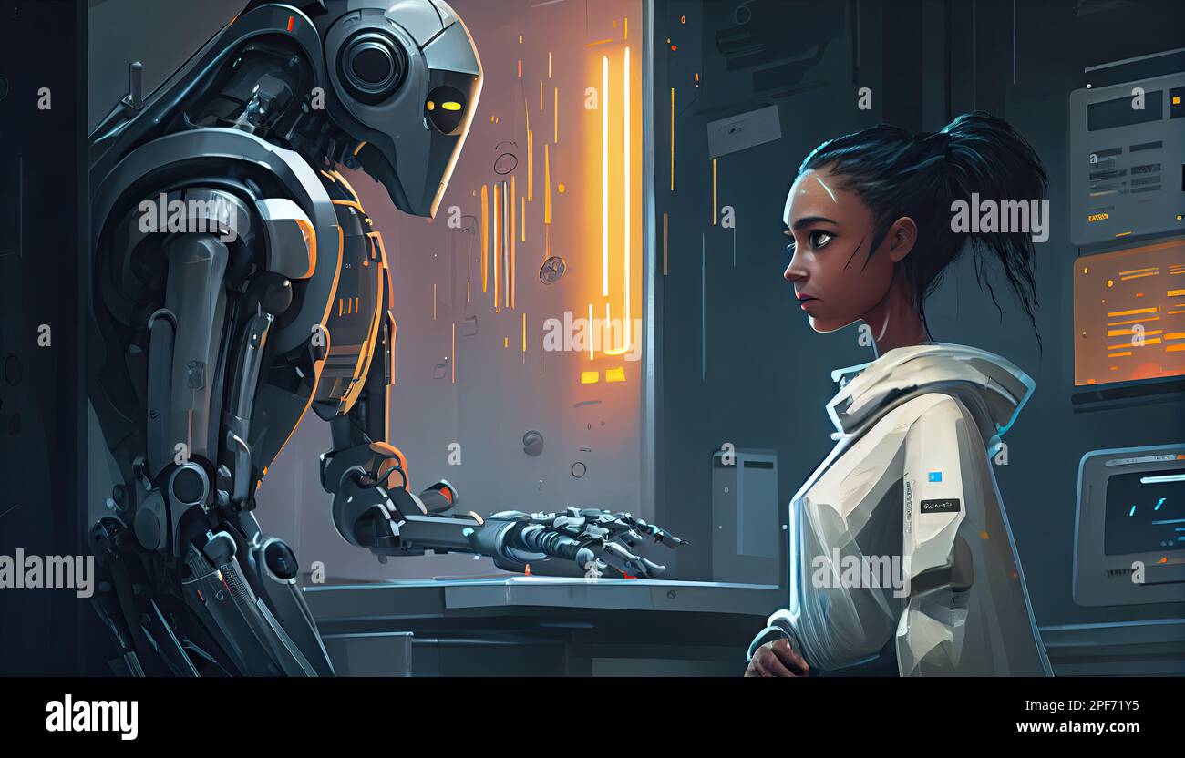 a woman standing in front of a robot and looking at the screen with her ...