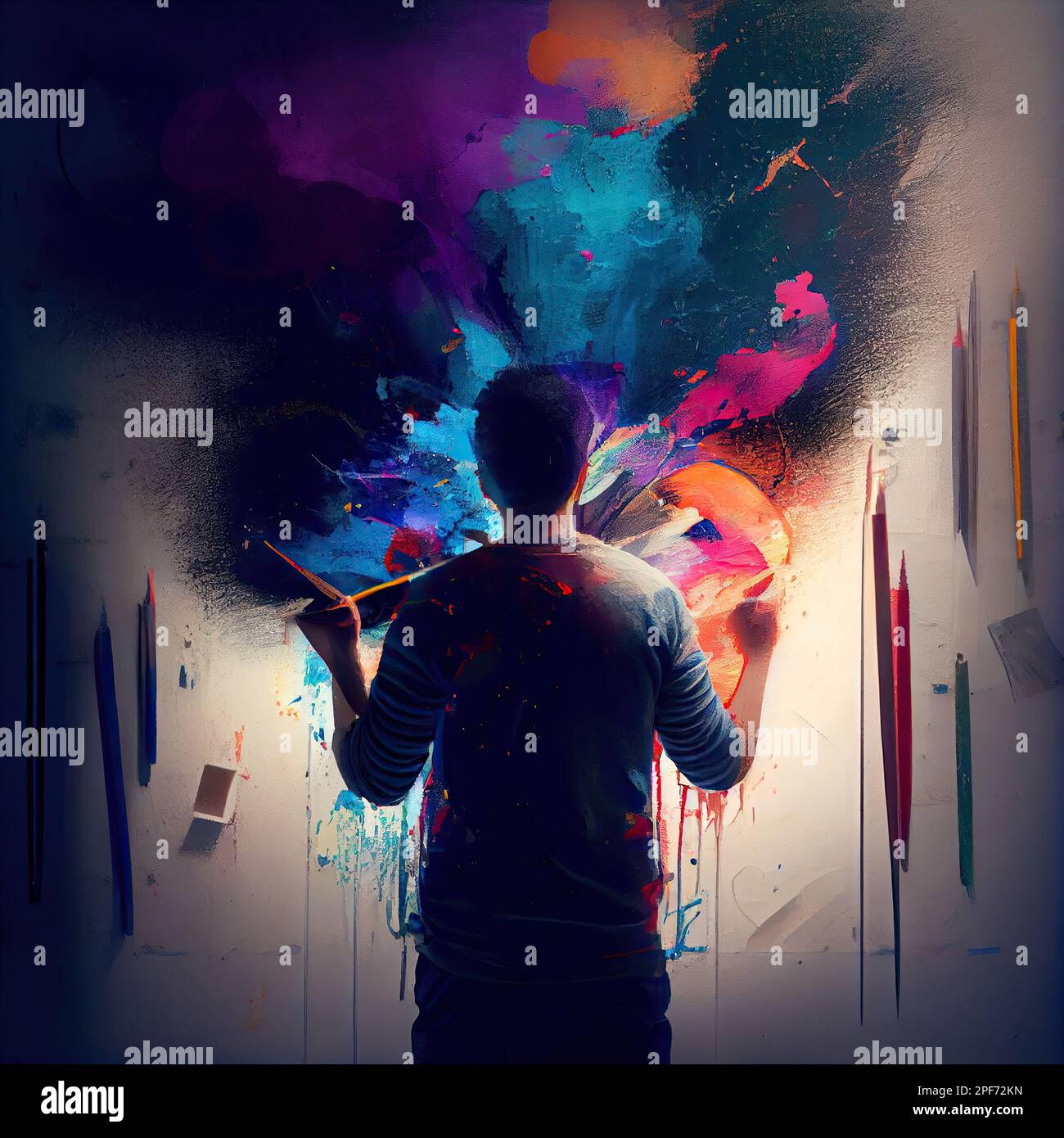 a man standing in front of a wall with paint splats all over his head ...