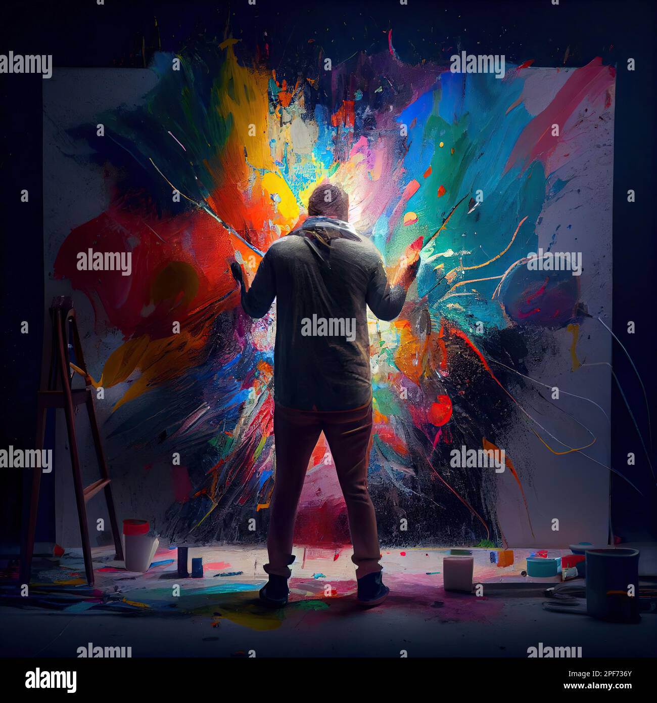 a man standing in front of a large painting on the wall with paint ...