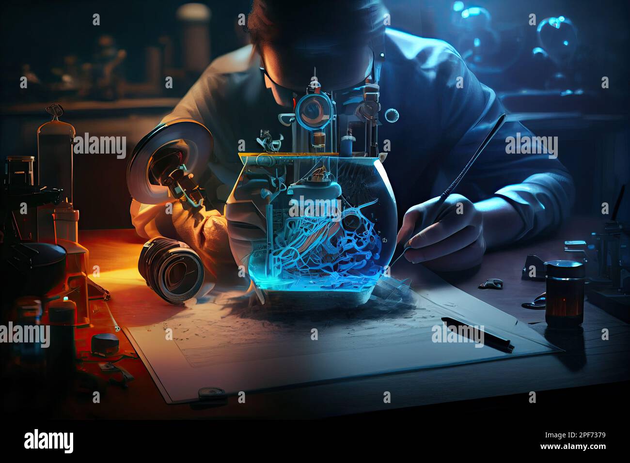 a man working in a lab with blue light coming through the microscopes ...