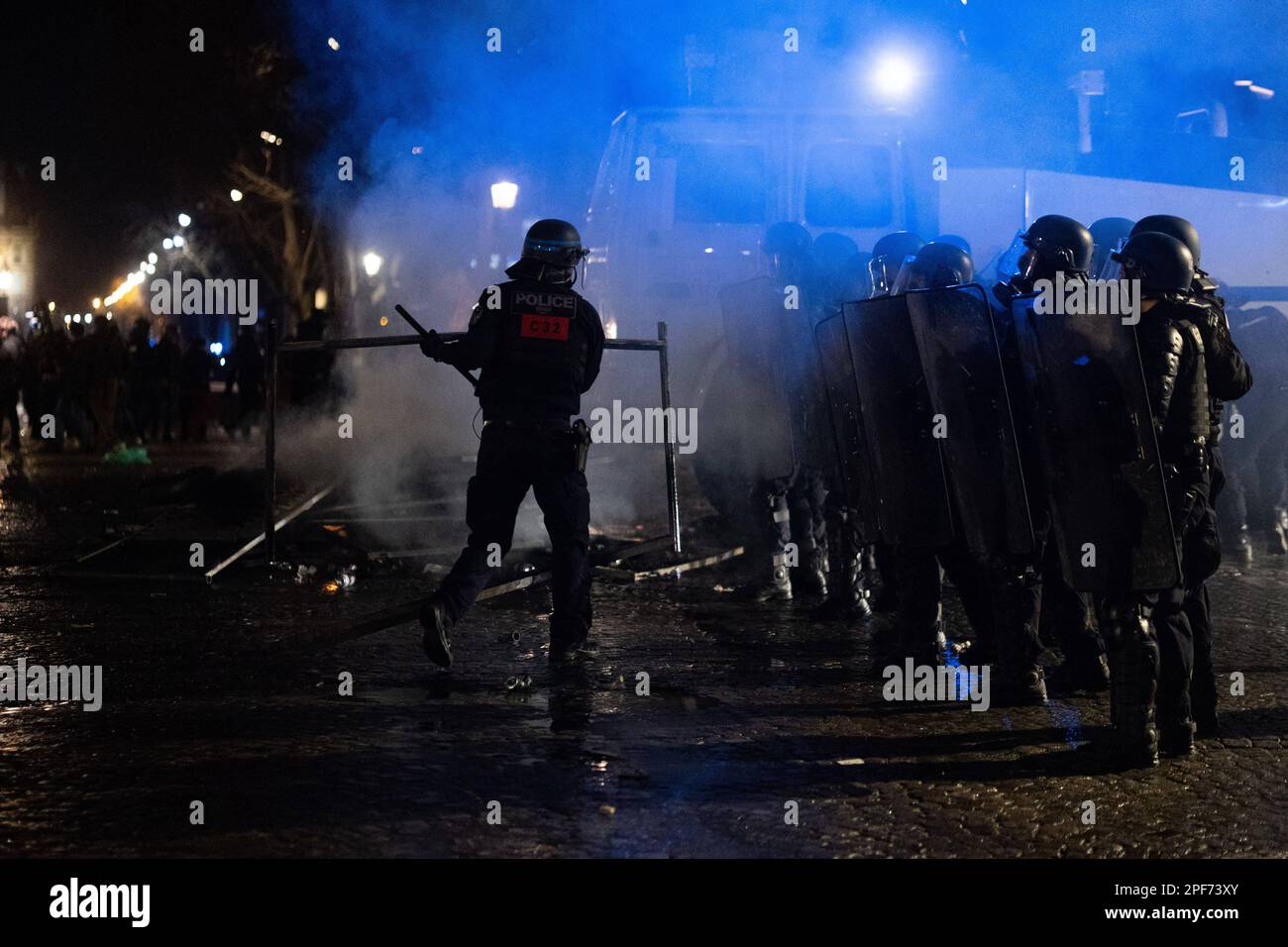 Riot Police Forces take off barricades during a demonstration on Place ...