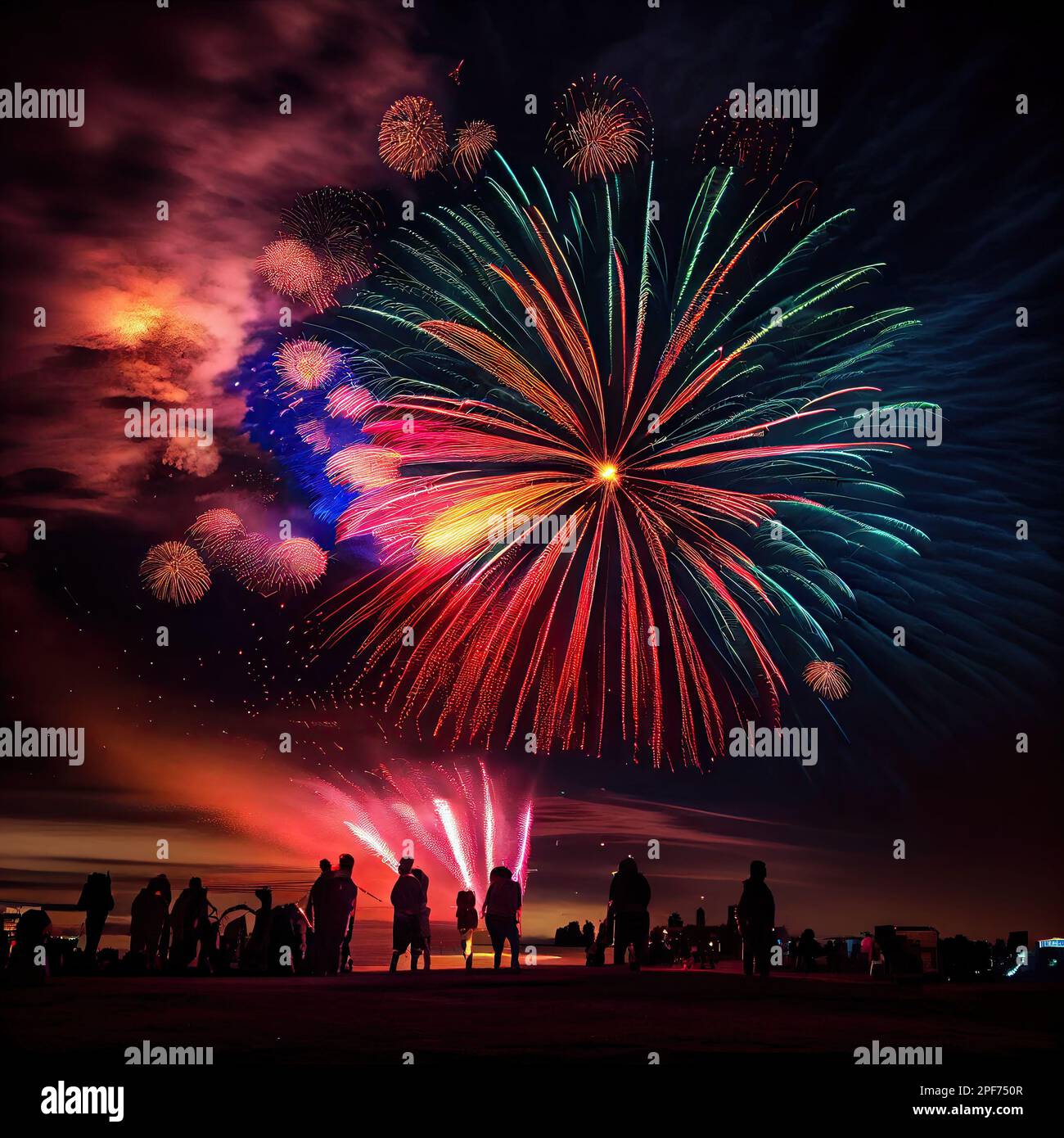 fireworks in the night sky with people watching and taking pictures on ...