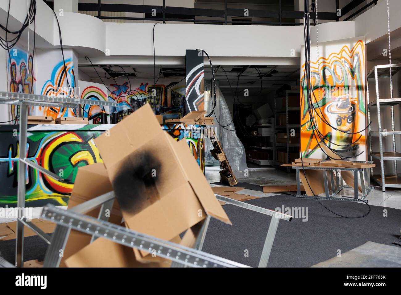 Empty warehouse and abandoned showing signs of decay, destroyed walls ...