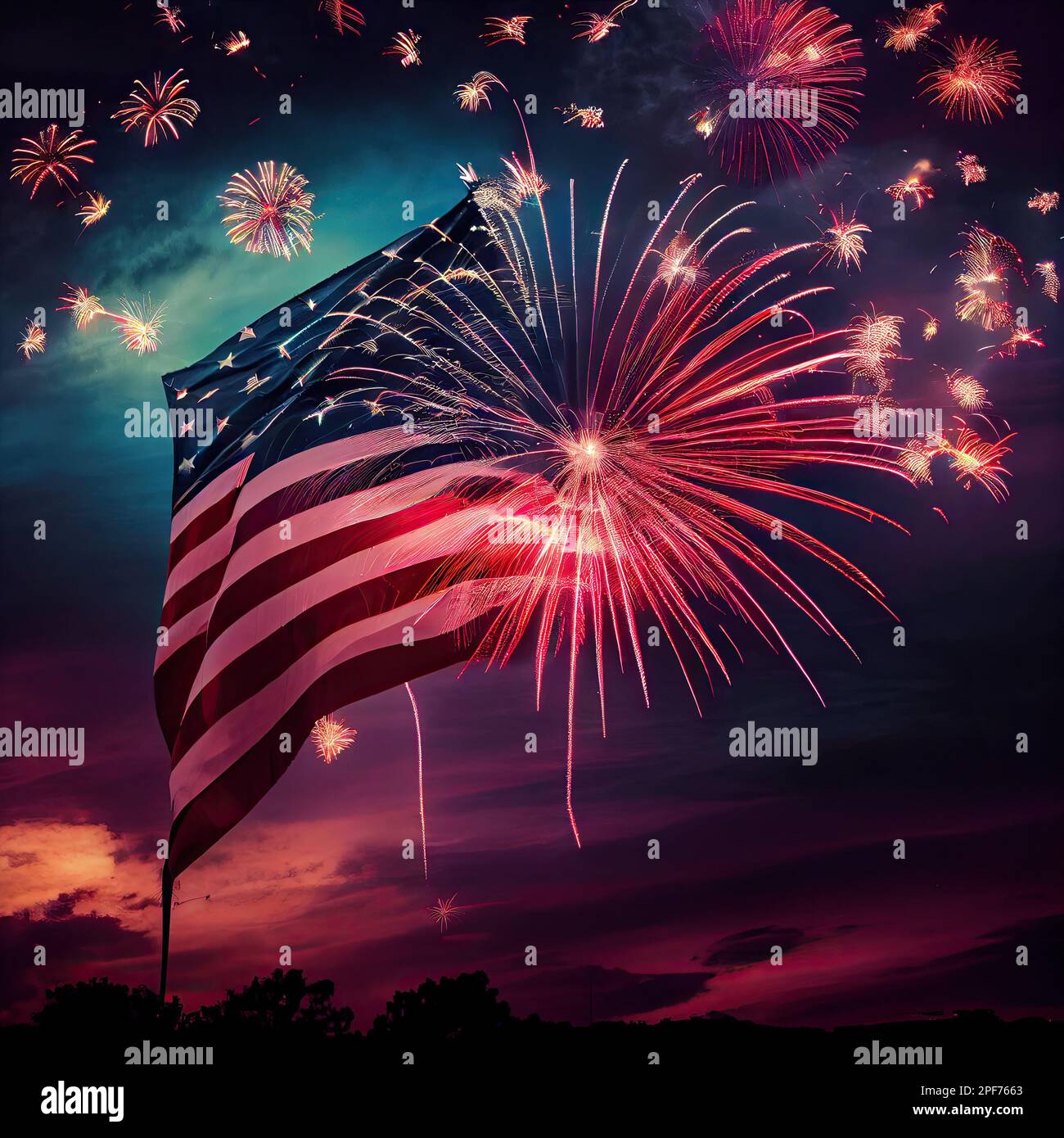 an american flag flying in the air with firework and fireworkss behind ...