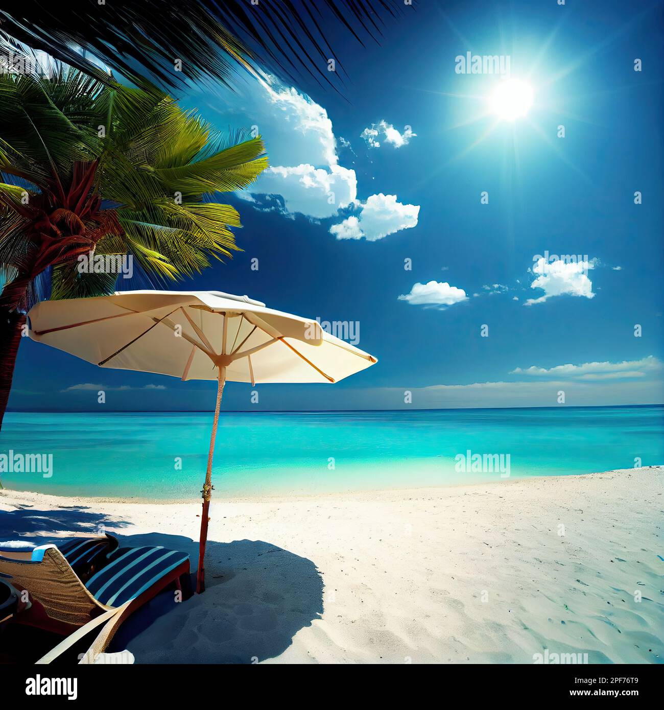 an empty beach with palm trees and the sun shining through the clouds ...