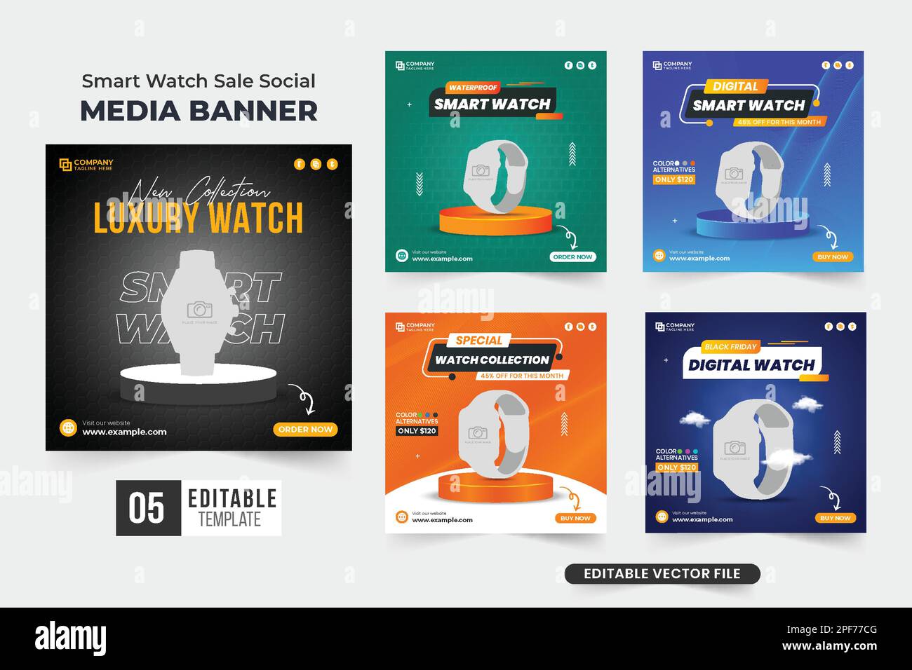 Smartwatch sale web banner and poster template bundle with blue and ...