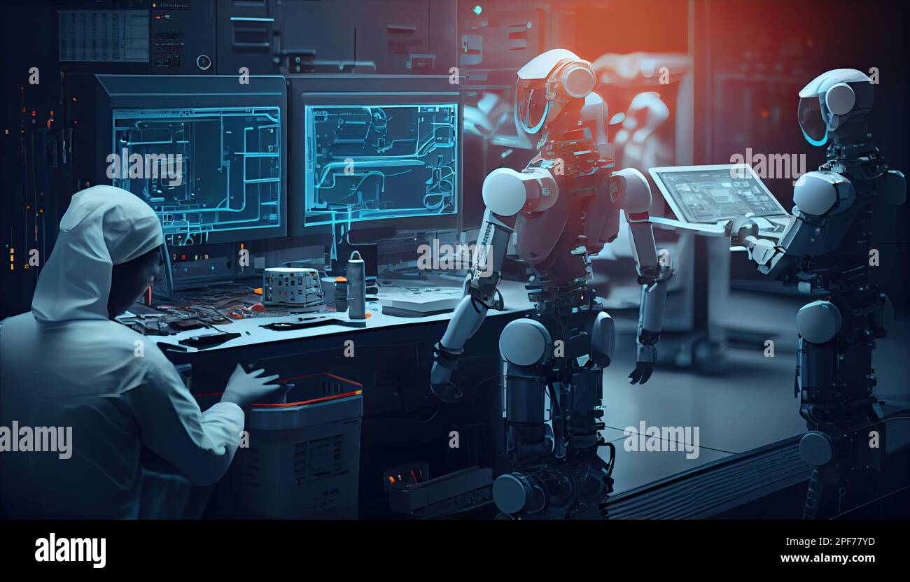 two robots working in an industrial factory, one is wearing a white ...