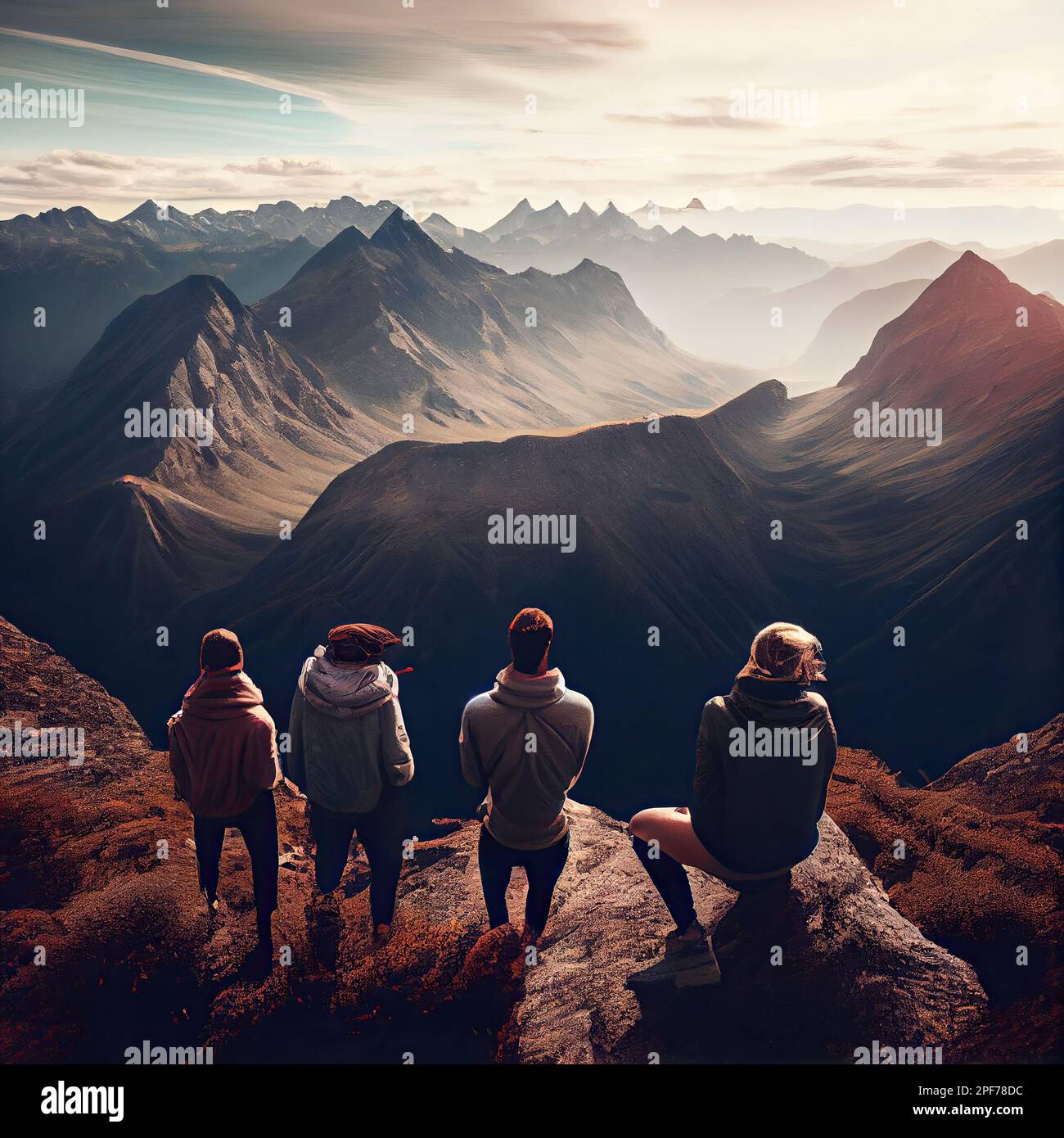 three people sitting on top of a mountain looking out at the valley ...