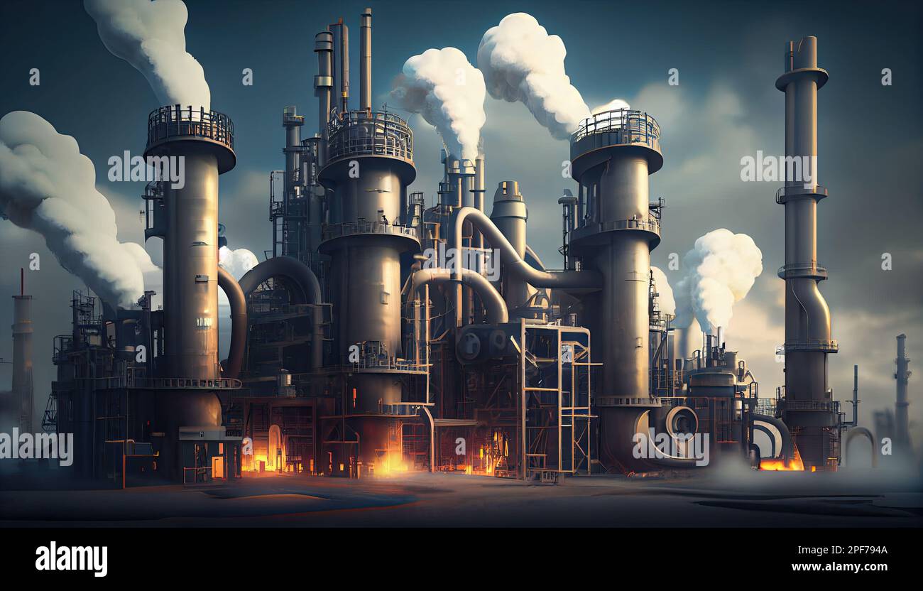 an industrial factory with smoke coming out from the stacks and pipes ...