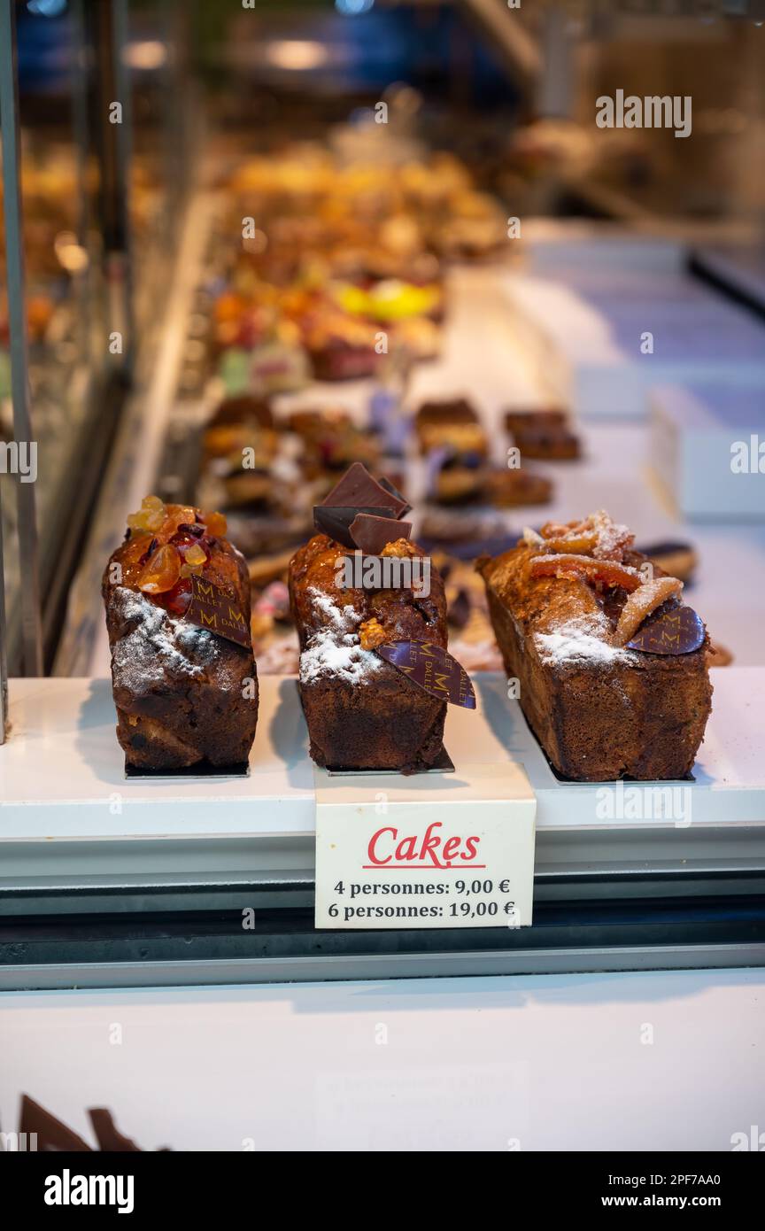 Assortment of french fresh baked sweet pastry with fresh fruits and ...