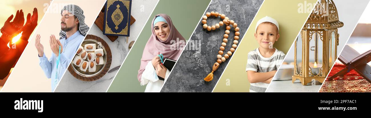 Collage of different Muslim people with Quran book, tasbih, fanous lamp ...