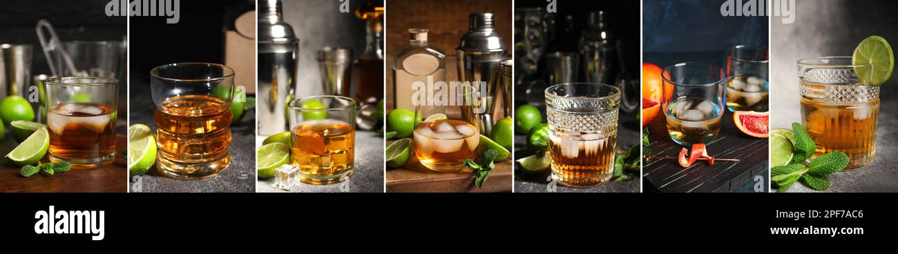 Collage with many glasses of rum Stock Photo - Alamy
