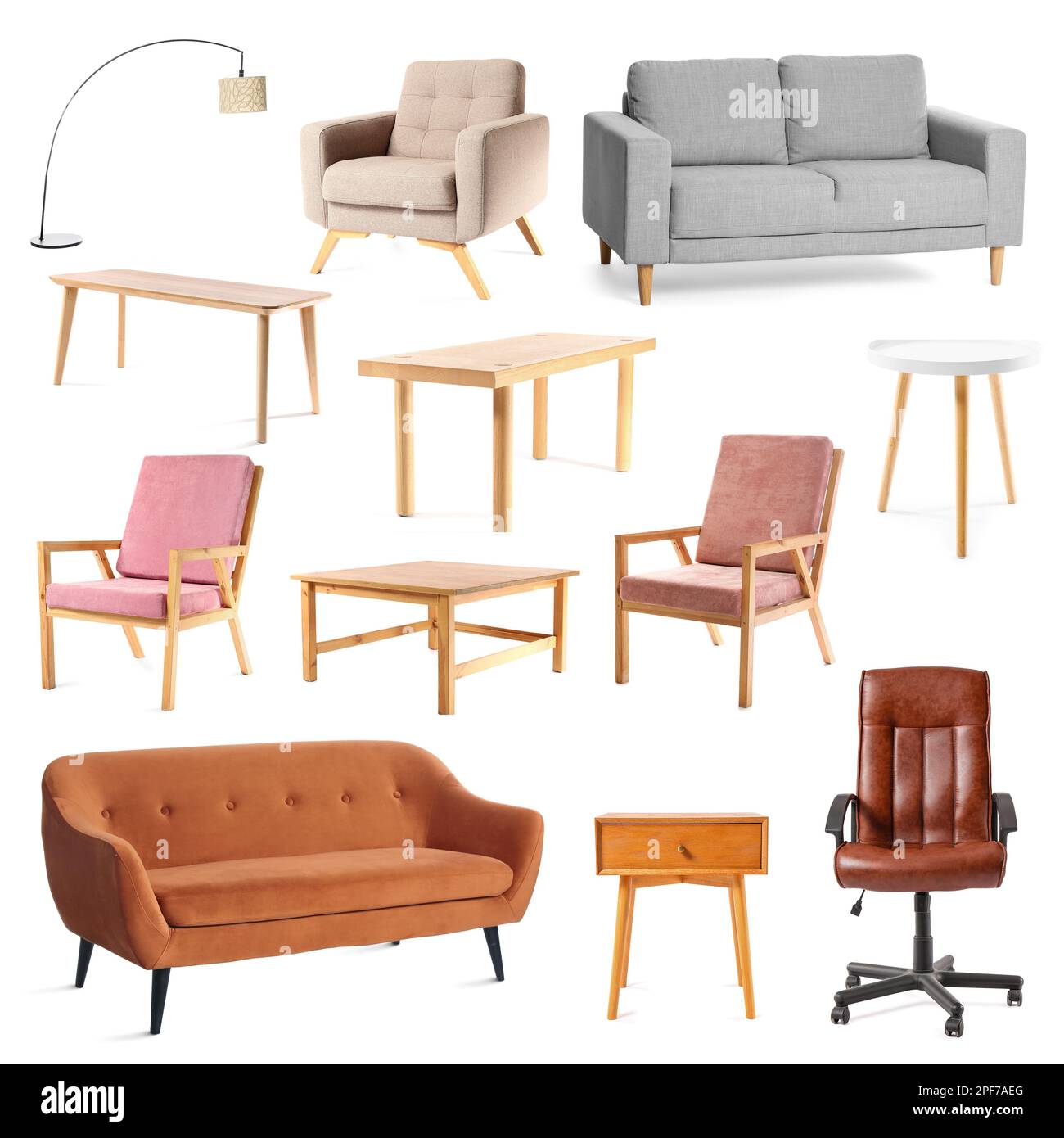 Collage of new modern furniture and standard lamp on white background ...