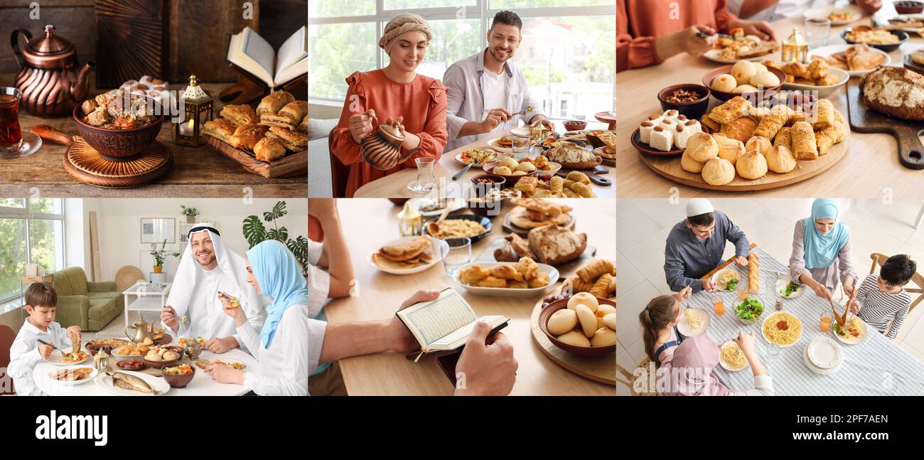 Collage of Muslim family having dinner and traditional dishes on table ...