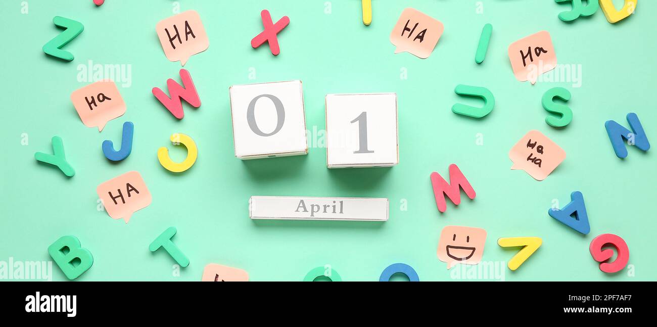 Calendar with date of April Fool's Day and colorful letters on mint ...