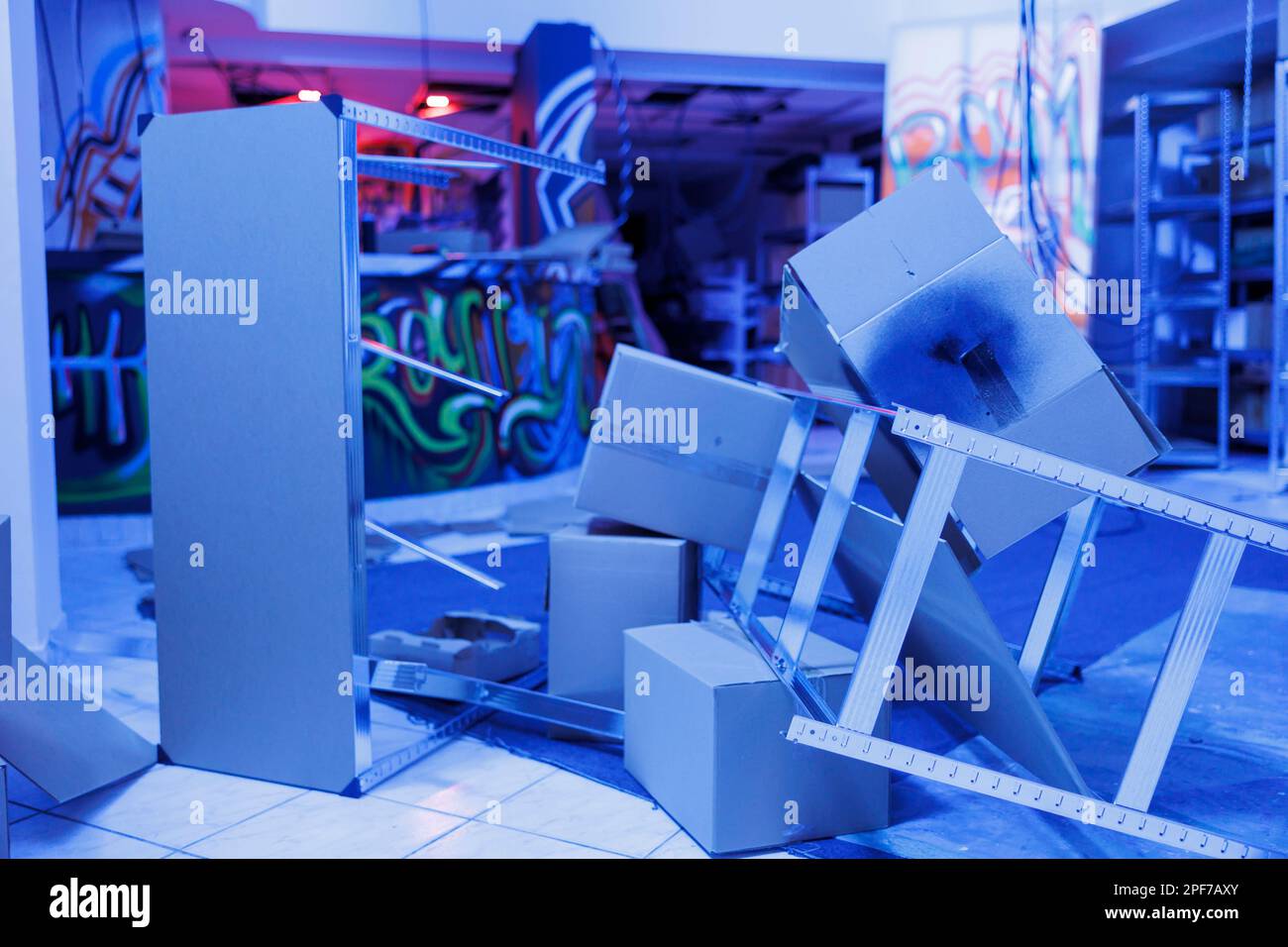 Deserted rusty place glowing in the dark, looking grungy with bright ...