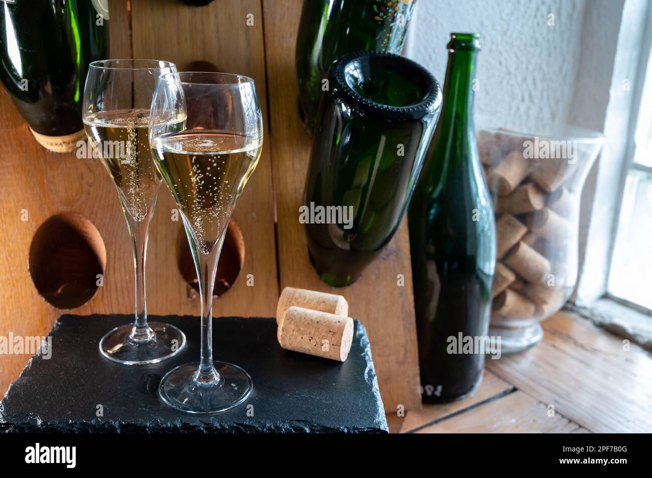 Glasses of sparkling white wine champagne gran cru or cava with bubbles ...