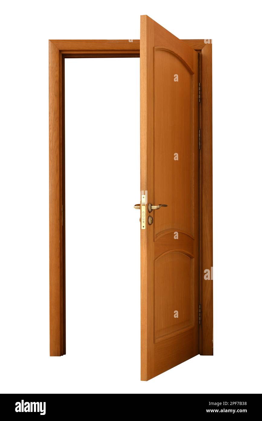 Open wooden door on white background Stock Photo - Alamy