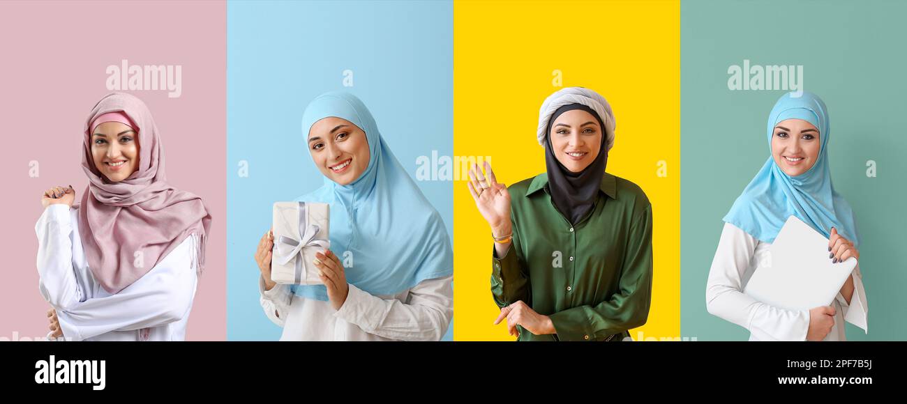 Collage of Muslim women on color background Stock Photo - Alamy